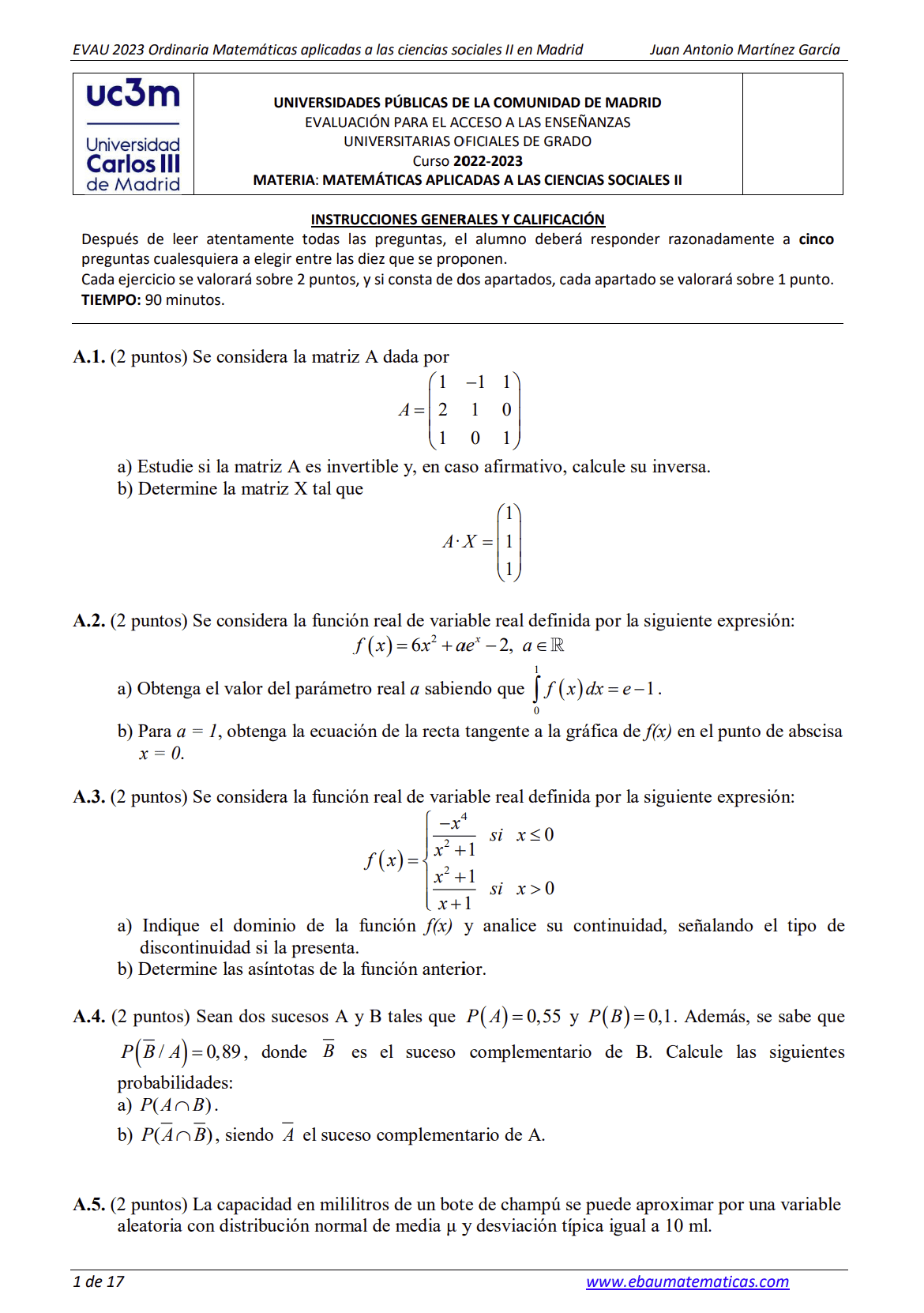 📚 EVAU Matemáticas Madrid 📚 Exámenes y Soluciones 2024