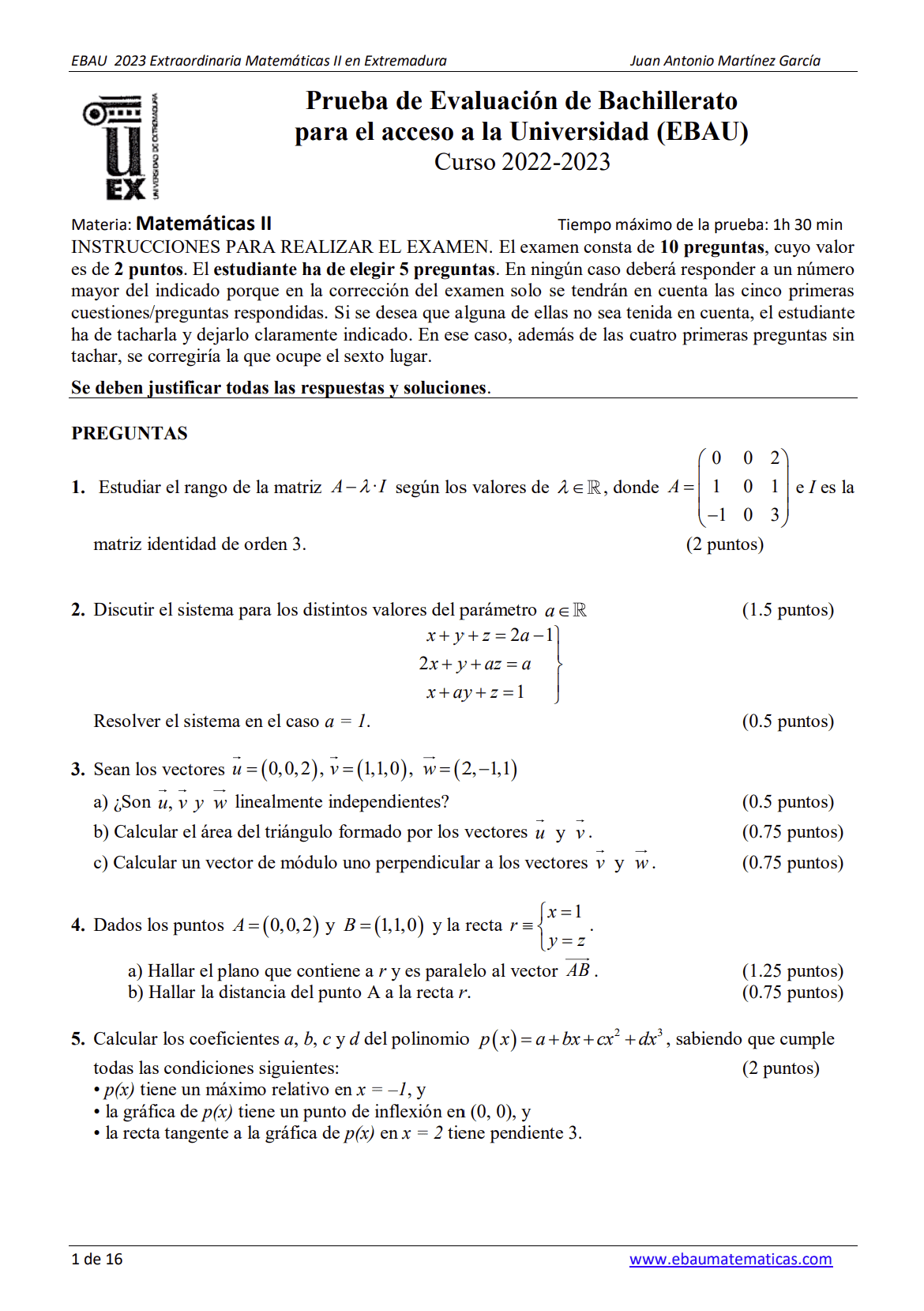 📚 EBAU Matemáticas Extremadura 📚 Exámenes y Soluciones 2024