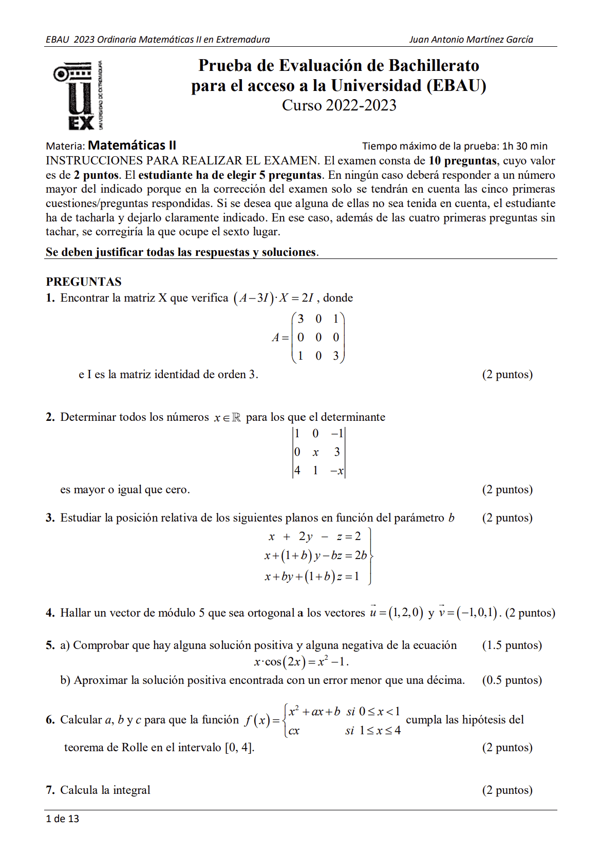 📚 EBAU Matemáticas Extremadura 📚 Exámenes y Soluciones 2024