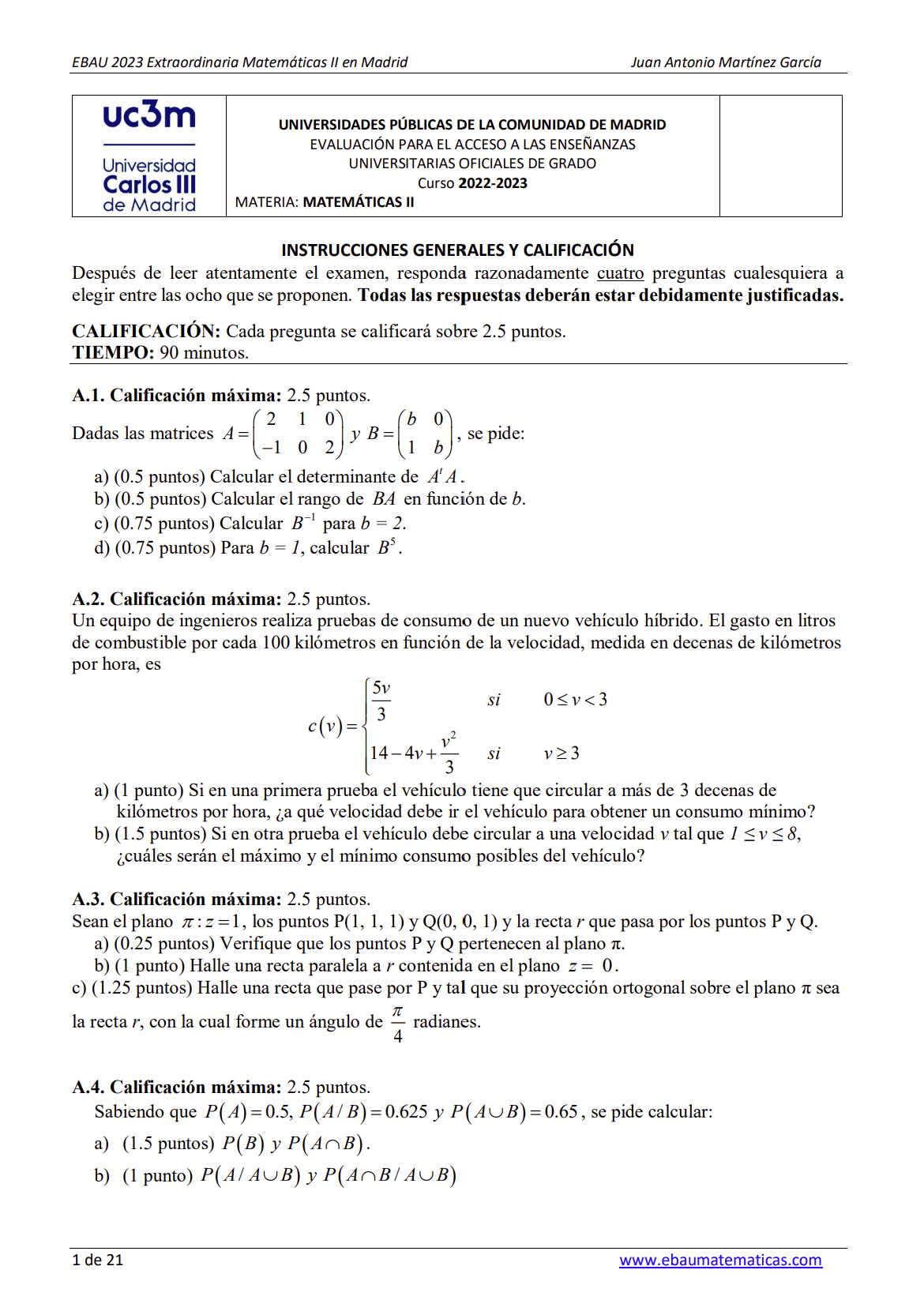 📚 EVAU Matemáticas Madrid 📚 Exámenes y Soluciones 2024
